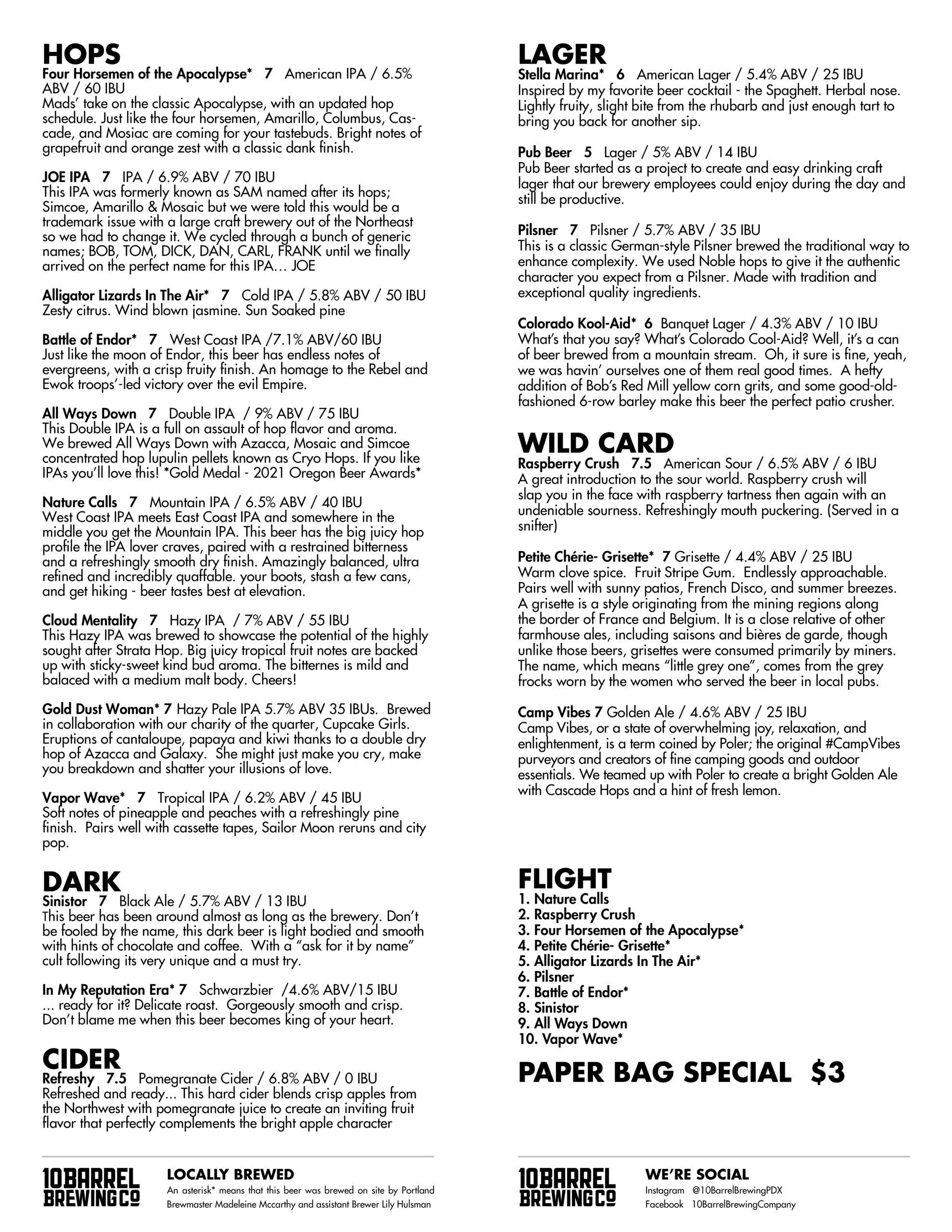 Portland Menus (scroll down) – 10 Barrel Brewing Co.